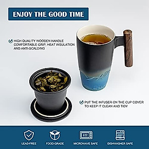 suyika Tomotime Ceramic Tea Cup with Infuser and Lid Tea Mugs Wooden Handle 400ml/13.5oz Black cyan
