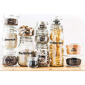 Pantry Labels: 377 Bold Cursive Gloss Clear Preprinted Water Resistant Complete Label Set to Organize Storage Containers, Jars & Canisters w/ a Extra Write-on Sticker