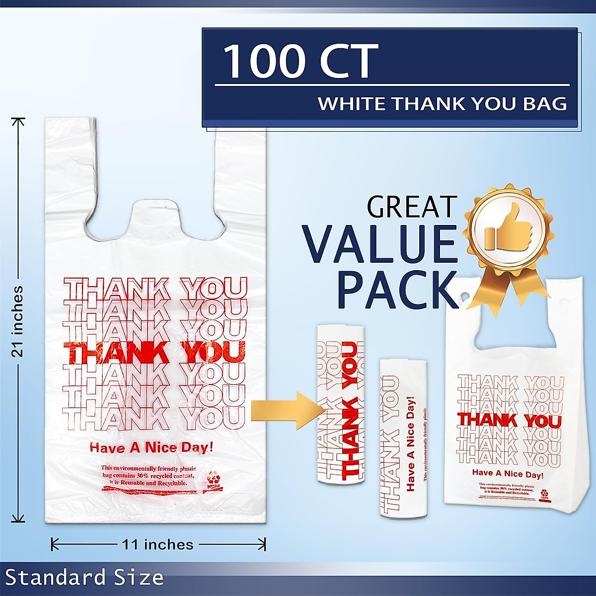 YoYoRain White Thank you T shirt bag, Grocery shopping bag Reusable and Disposable Supermarket Bag 11''x6''x21'' 100PCS