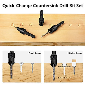 MulWark 82° Countersink Drill Bit Set incl. 5pcs Free Replaceable HSS Drill Bits for Wood｜3/8" Quick-Change -Chamfered Adjustable Drilling Tool Kit on Pilot Counter Sink Holes for Woodworking- 5 Pack