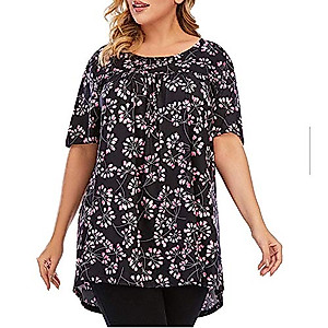 Bravetoshop Womens Plus Size Tops Summer Short Sleeve Round Neck Loose Blouse Casual Tunic Tops (Black,XXXL)