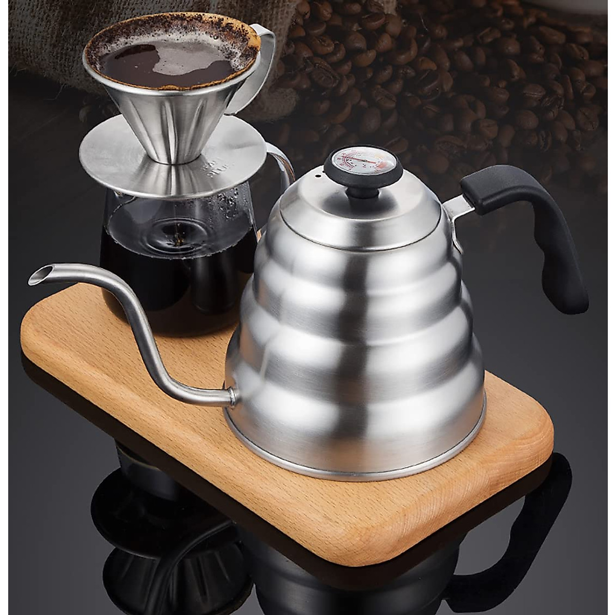 Beeca Pour Over Coffee Kettle with Thermometer, Premium Stainless Steel Gooseneck Kettle for Tea French Press Drip Coffee Slow Brew Pot for All Stovetop and Any Heat Source, 40oz / 1200ml