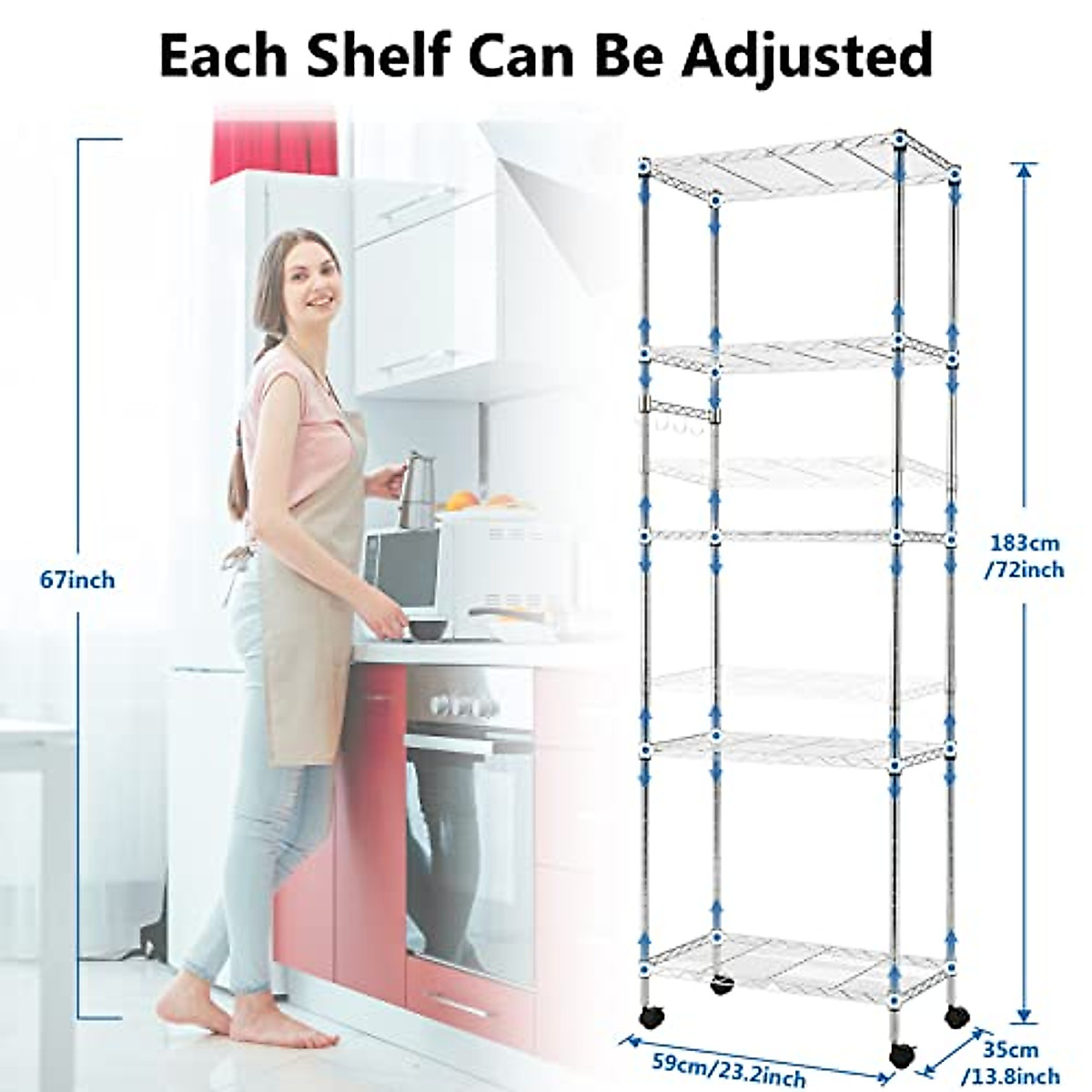 BATHWA 5-Shelf Wire Shelving Units, Sturdy Metal Shelf Chrome Organizer Wire Rack with 360° Wheels, Adjustable Utility Storage Shelves for Garage, Kitchen, Living Room, Bathroom, 23.2L x 13.8W x 72H