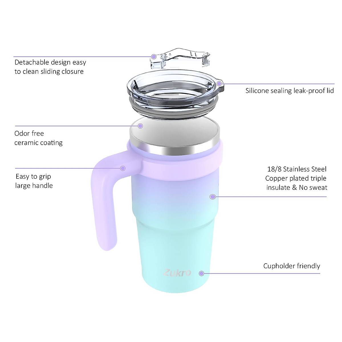 Zukro 20 oz Insulated Tumbler With Handle, Ceramic Interior Coating, No Metallic Aftertaste, Vacuum Stainless Steel Travel Coffee Cup with Lid and Straw, Keep Drinks Hot & Cold For Pure Taste, Checker