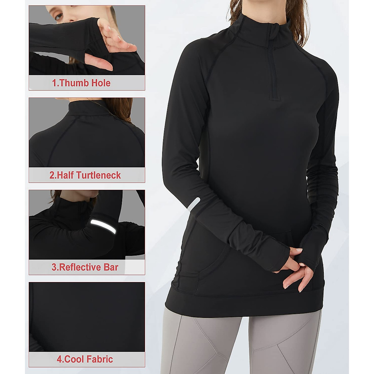 Quarter Zip Pullover Women Athletic Long Sleeve Golf Shirts Workout Shirt Fitted Long Sleeve Thumb Hole Active Wear Tops Black M