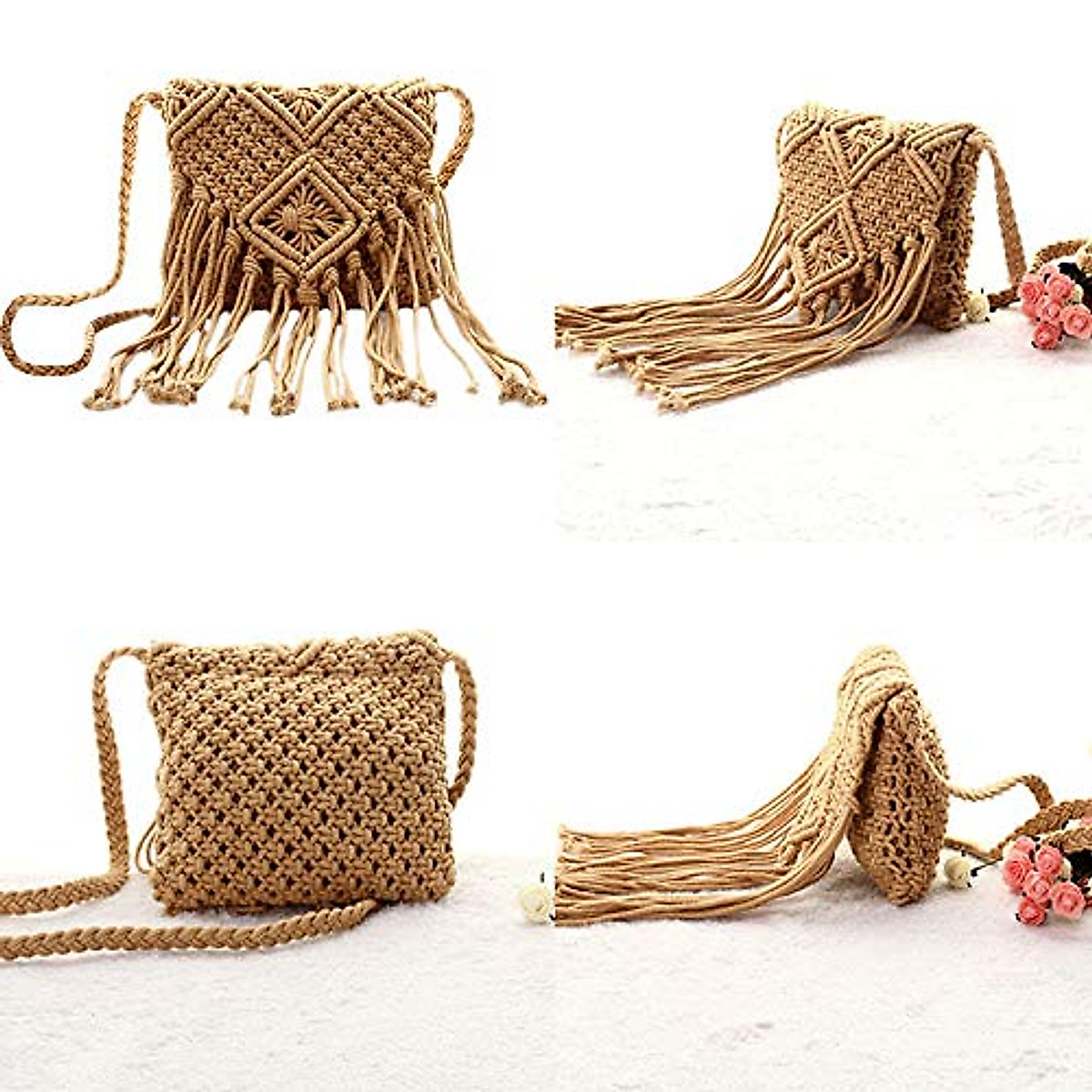 Monique Women Retro Fringed Cotton Crochet Cross-body Bag Small Messenger Bag Bohemian Summer Beach Tassel Shoulder Bag Purse Brown