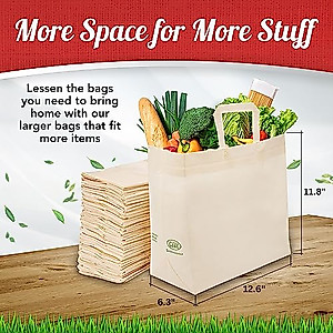 Simply Cool 50 Pack Reusable Eco-Friendly Grocery Shopping Bags 12.6"x6.3"x11.8" Durable, Recyclable,Washable, Foldable, Portable Tote Bags Bulk (50 Pack Reusable Bags, Cream)
