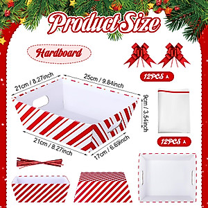 Wonderjune 12 Pcs Christmas Basket for Gifts Empty Set 9.8 x 8.3'' Large Empty Gifts Baskets to Fill,Red Candy Stripe Cardboard Basket with Handles Bows Plastic Bags for Xmas Party Holiday Decor