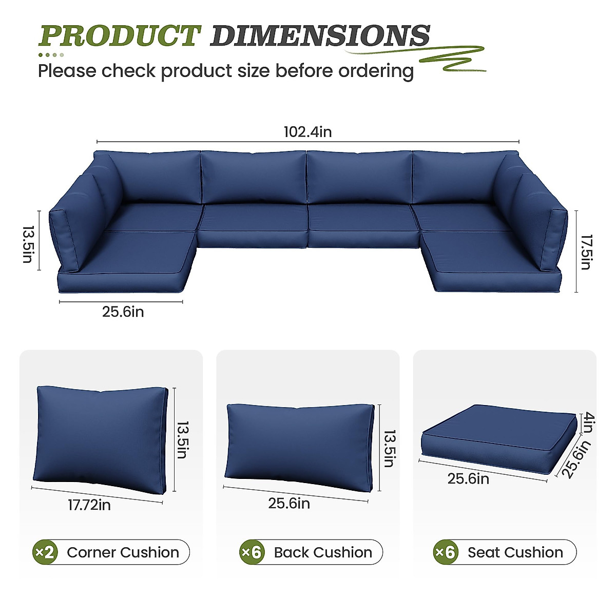 Amopatio Outdoor Cushions for Patio Furniture Replacement, Patio Furniture Cushions for Outdoor Seat, Patio Cushions for Outdoor Furniture, Outdoor Sectional Cushions for Patio Sofa (Navy Blue)