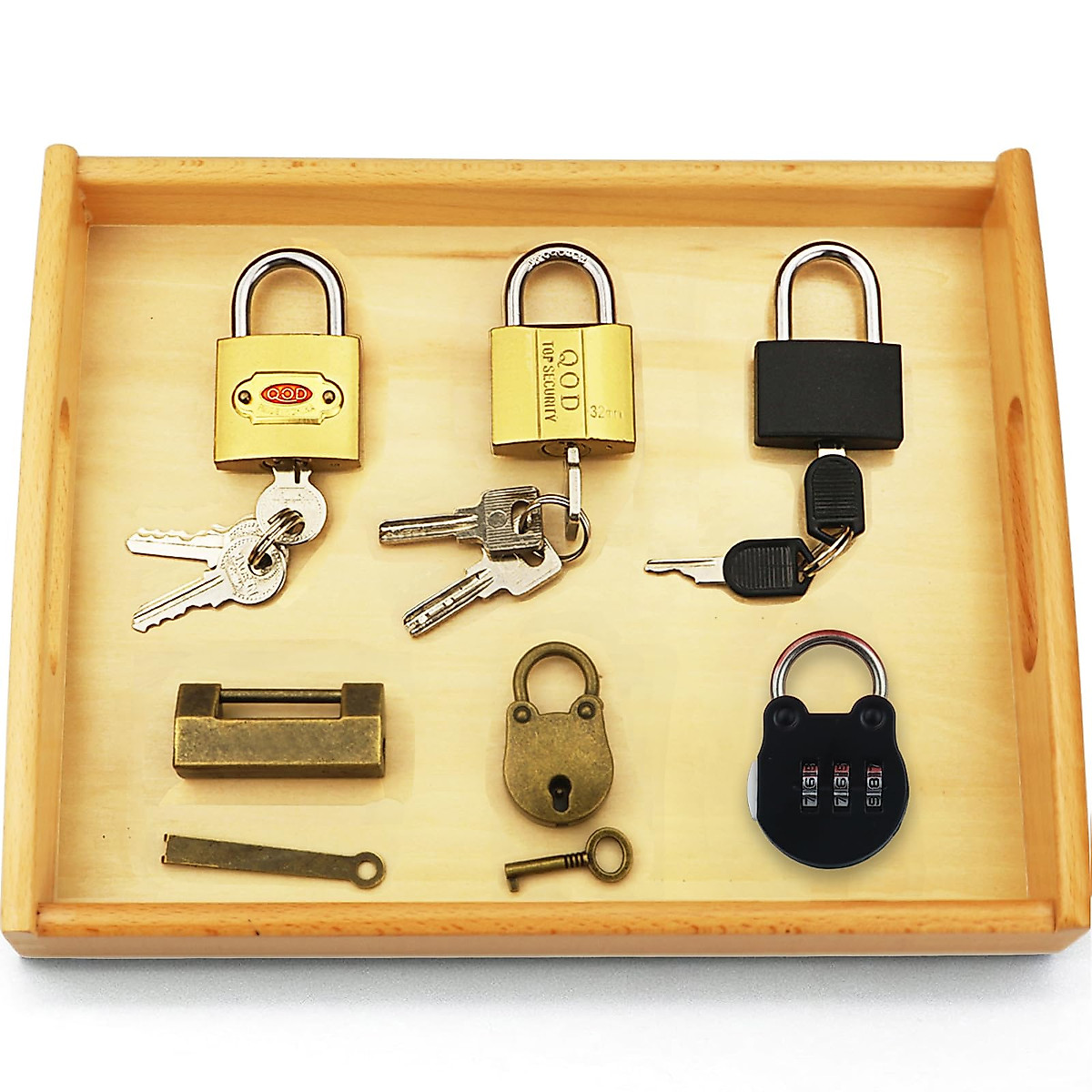 Inslat Montessori Lock and Key Toy Set for Toddlers, Montessori Elementary Materials Educational STEM Toy Matching Games Lock Set with Wooden Tray for 3 4 5 Year Old Kids