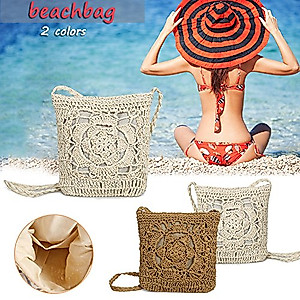 Qoyntuer Woven Straw Messenger Knitted Bag,straw Shoulder Bag Women's Handwoven Crossbody Handbag Cotton Crochet Shoulder Purse Handmade Flower Beach Storage Bag Summer Beach Shoulder Handbag (Beige)