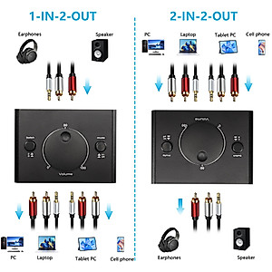 CERRXIANR Bi-Directional 2-Way 3.5mm RCA Stereo Audio Switcher, 2 Input 1 Output / 1 Input 2 Output Audio Splitter Switcher Box, One-Key Mute Button for Headphones, Speaker Computers, Laptops etc