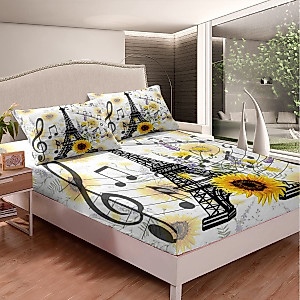 Eiffel Tower Kids Deep Pocket Fitted Sheet Cute Sunflower Bed Sheet Set for Boys Children Teens Bedroom Decor Paris Tower Bedding Set Floral Music Themed Bed Cover Queen Size with 2 Pillow Case