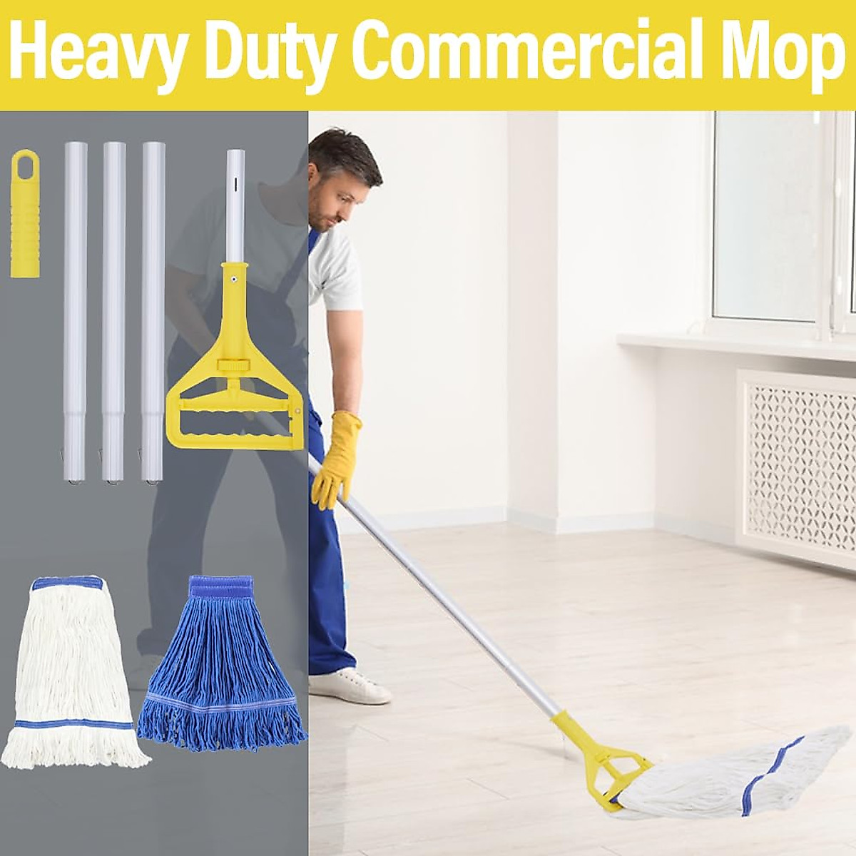 YUJOIBAN Mop and Bucket with Wringer Set - 35QT Commercial Mop Bucket with Side Press Wringer on Wheels and Industrial Mop, Heavy Duty Floor Cleaning Mop Bucket Set for Home, Shop, Restaurant, Mall