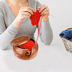 LPAYOK Wooden Yarn Bowl, Knitting Yarn Bowls with Lid, Holes, Crochets, Round Bowl Holder Handmade Yarn Storage Bowl Perfect for DIY Craft Knitting Crocheting 6.3x3.7