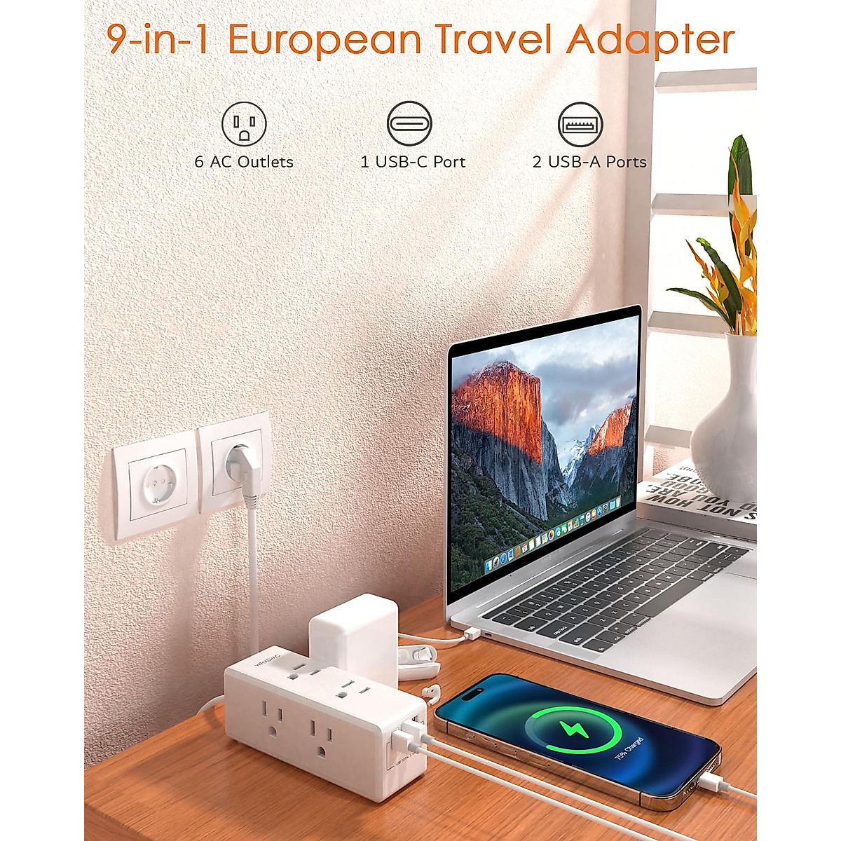 European Travel Plug Adapter with USB, WRXDMC Adapters for Travel Europe, US to Europe International Power Adapter Travel Essentials with 6 Outlets 3 USB for EU Spain France Germany Iceland Greece