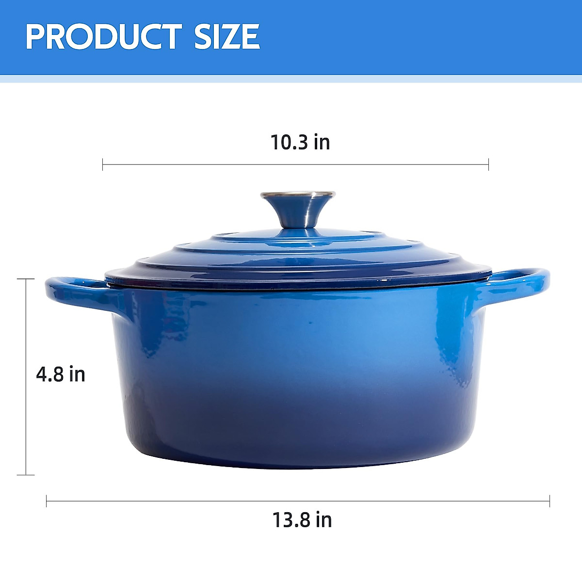 6 Quart Enameled Cast Iron Dutch Oven with Lid - Big Dual Handles - Oven Safe up to 500°F - Classic Round Pot for Versatile Cooking Blue