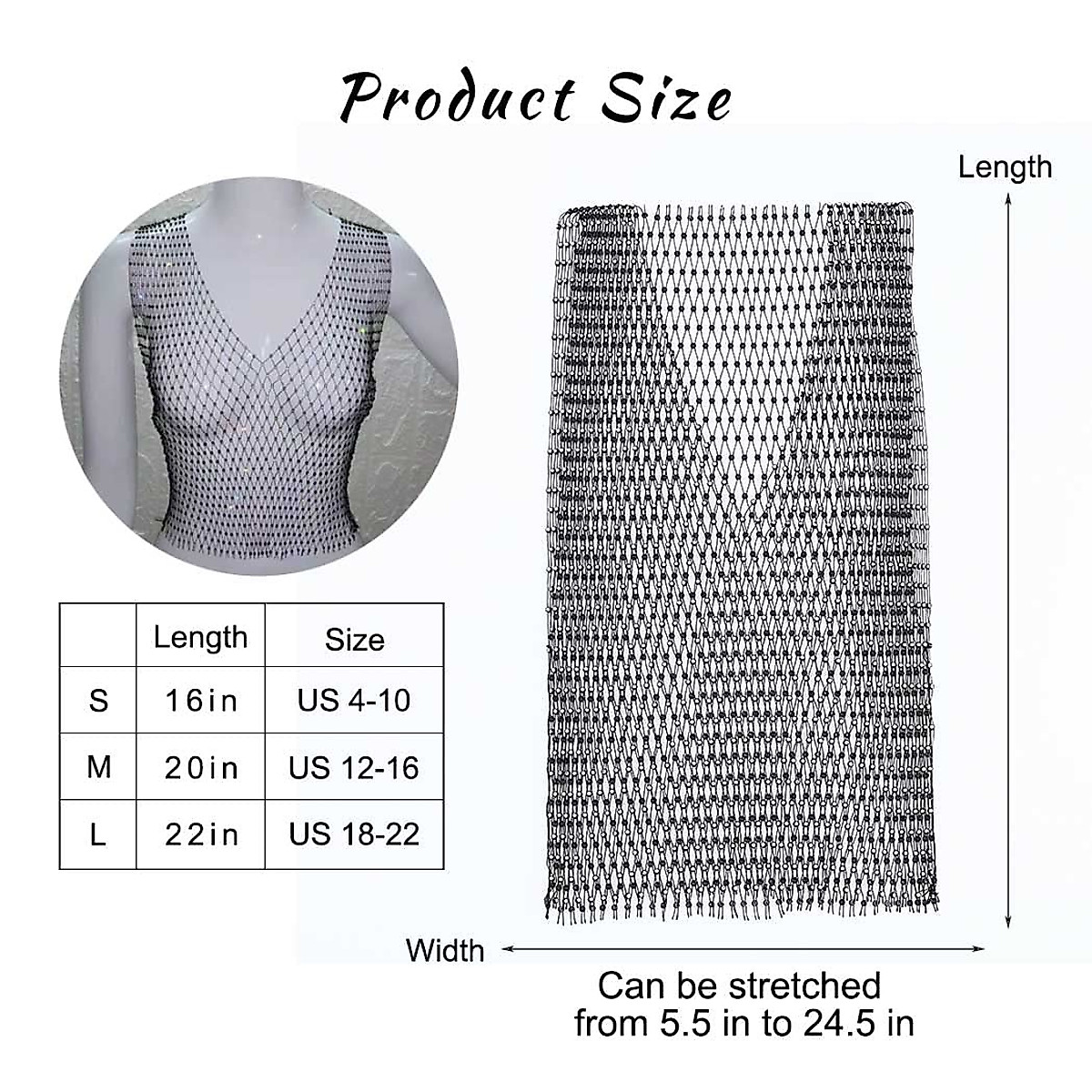 DRESBE Rhinestone Mesh Body Chains Hollow Tank Tops Bikini Crop Top Party Body Jewelry Accessories for Women and Girls (Black-V Neck-L)