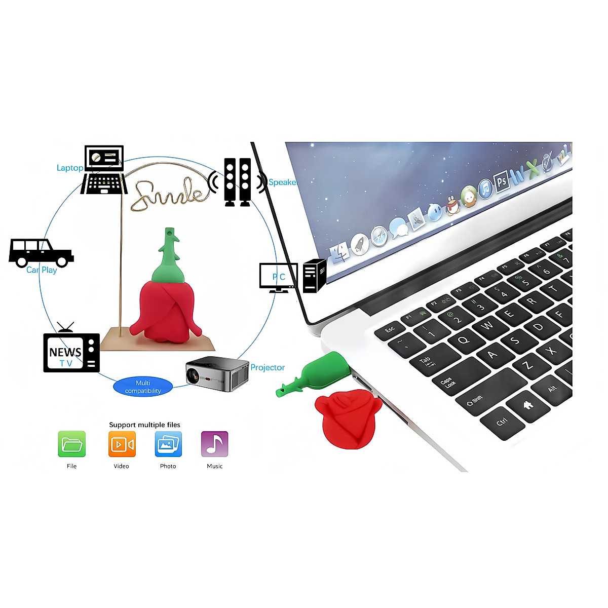 WooTeck 64GB Cartoon Lovely Rose Flower USB Flash Drive