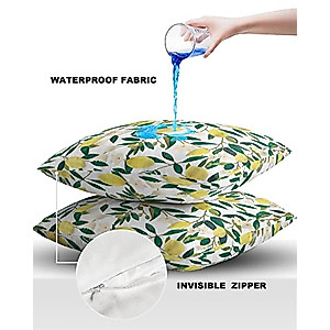 Waterproof Outdoor Throw Pillow Cover Yellow Lemon Fruits Lumbar Pillowcases Set of 2 Green Leaves Plant Decorative Patio Furniture Pillows for Couch Garden 18x18 inch