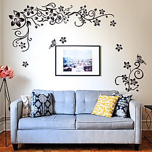 RW-027 Removable Black Vinyl Flower Vines Wall Decal Butterfly Wall Stickers Floral Wall Decor 3D Peel and Stick Art for Girls Bedroom Nursery Living Room Kids Babys Rooms Classroom Wall Decoration