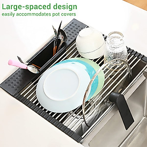 Ohuhu Roll Up Dish Drying Rack with Utensil Holder, Sink Dish Drying Rack 17.3" L x 15.6" W Dish Drainer Multipurpose Collapsible Dish Racks for Kitchen Counter Organizer