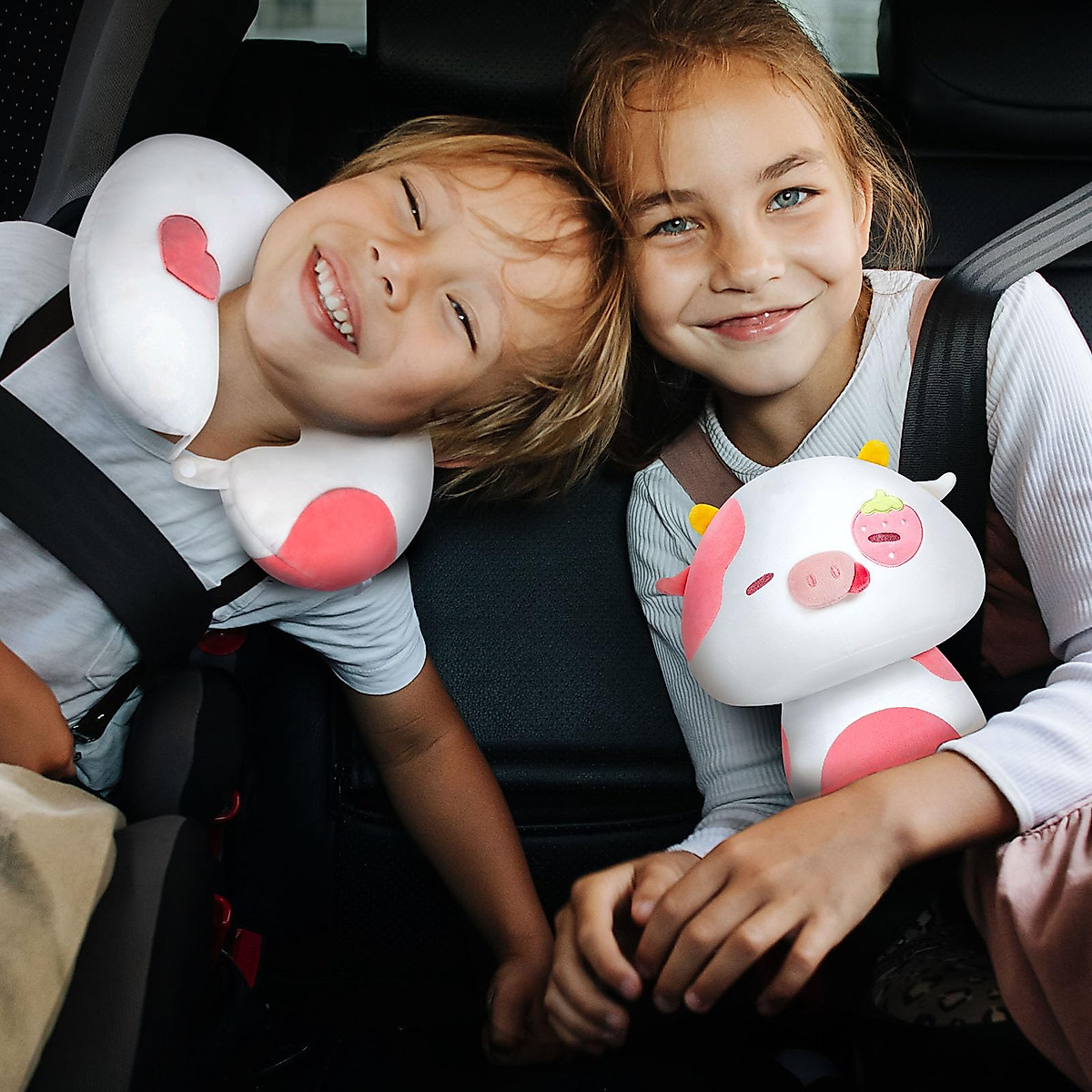 Mewaii Kids Travel Pillow, Cute Strawberry Cow Stuffed Animal Neck Pillow for Kids & Adults, Reversible Plush Squishy 2-in-1 Travel Plush Pillow for Airplane, Car, Train