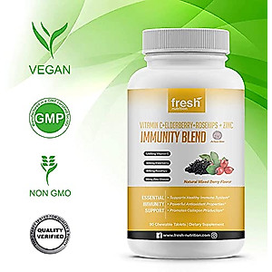 Vitamin C + Elderberry Chewables - Immunity Blend - VIT C 1500mg, Elderberry 600mg, Rose Hips 600mg and Zinc 30mg - Vegan, Non GMO - 90 Chewable Tablets