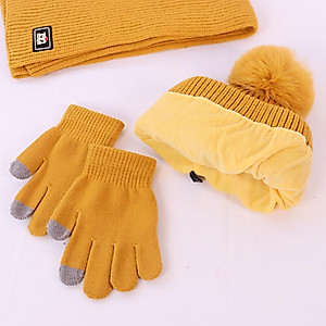 Kids Winter Beanie Hat Scarf Gloves Set, Winter Knit Warm Soft Pom-Pom Beanie Hat for Boys and Girls Outdoor Warm Beige