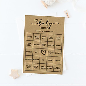 Baby Bingo Game (50 Unique Cards) Kraft Pre-Filled Fun Baby Shower Game Activity, Preforated Calling Cards, Gender Neutral Boy or Girl, Minimalist