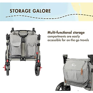 Busy Bee Foldable Wagon Stroller for 2 Kids, Push Pull Collapsible Kids Wagon with Adjustable Handle Bar, Removable Canopy, 5-Point Harness, Shock-Absorbing Wheels, Grey