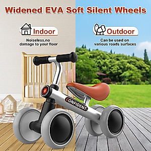 Baby Balance Bike for 1 Year Old Boys Girls Gifts, Baby Bicycle for 10-36 Months, Kids First Bike or Birthday Gift, Riding Toys for Toddlers 4 Silent Wheels No Pedal Bicycle with Steel Frame (Grey)