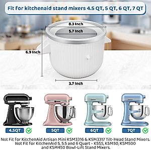 Ice Cream Maker Attachment for KitchenAid Stand Mixer, 2 Quart Frozen Yogurt Ice Cream & Sorbet Gelato Maker Bowl Fits for 4.5 Qt and Larger Stand Mixers, Not for Artisan Mini 3.5Qt Mixer
