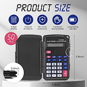 Kanayu 50 Pcs Calculators for Kids Bulk Classroom Supplies Operation Christmas Basic Pocket Calculator Black Mini Small Student with Flip Cover 8 Digit Display Key Ring Portable Back to School Gift
