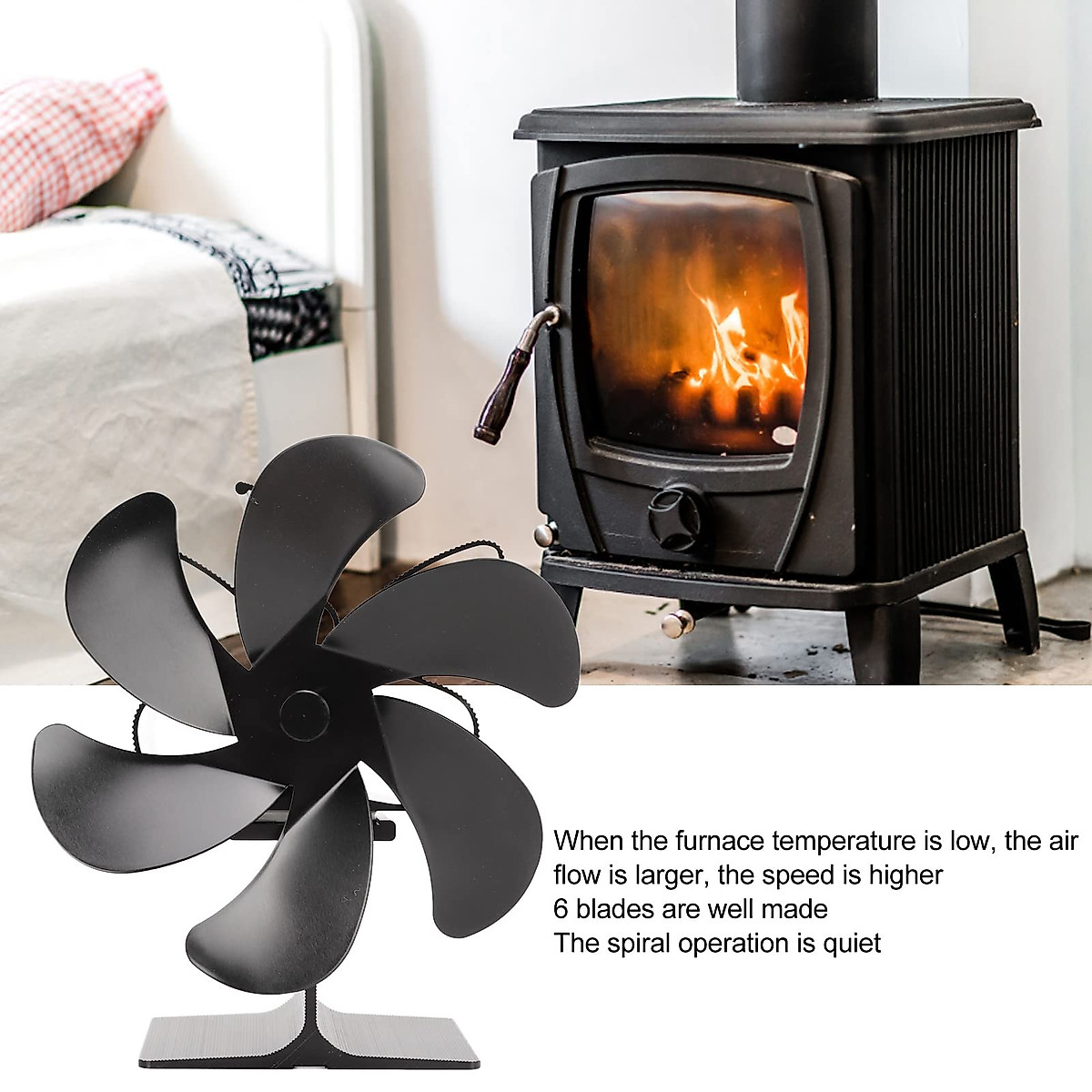 TITA-DONG Mini Stove Fan, 6 Blade Eco Thermal Fan, Black Fireplace Fan with Handle, Energy Efficiency Heat Powered Fan for Wood, Gas, Peellet, High Speed and High Temperature Resistance