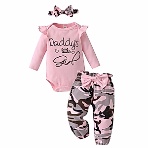 Elspilit Infant Baby Girl Clothes Long Sleeve Ruffle Romper Pants Headband Outfits Sets (0-3 Months,Pink)