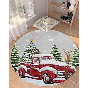 Christmas Fluffy Round Area Rug Carpets 3ft, Plush Shaggy Carpet Soft Circular Rugs, Non-Slip Fuzzy Accent Floor Mat for Living Room Bedroom Nursery Decor Snowy Red Truck Forest Winter Elk Tree Grey