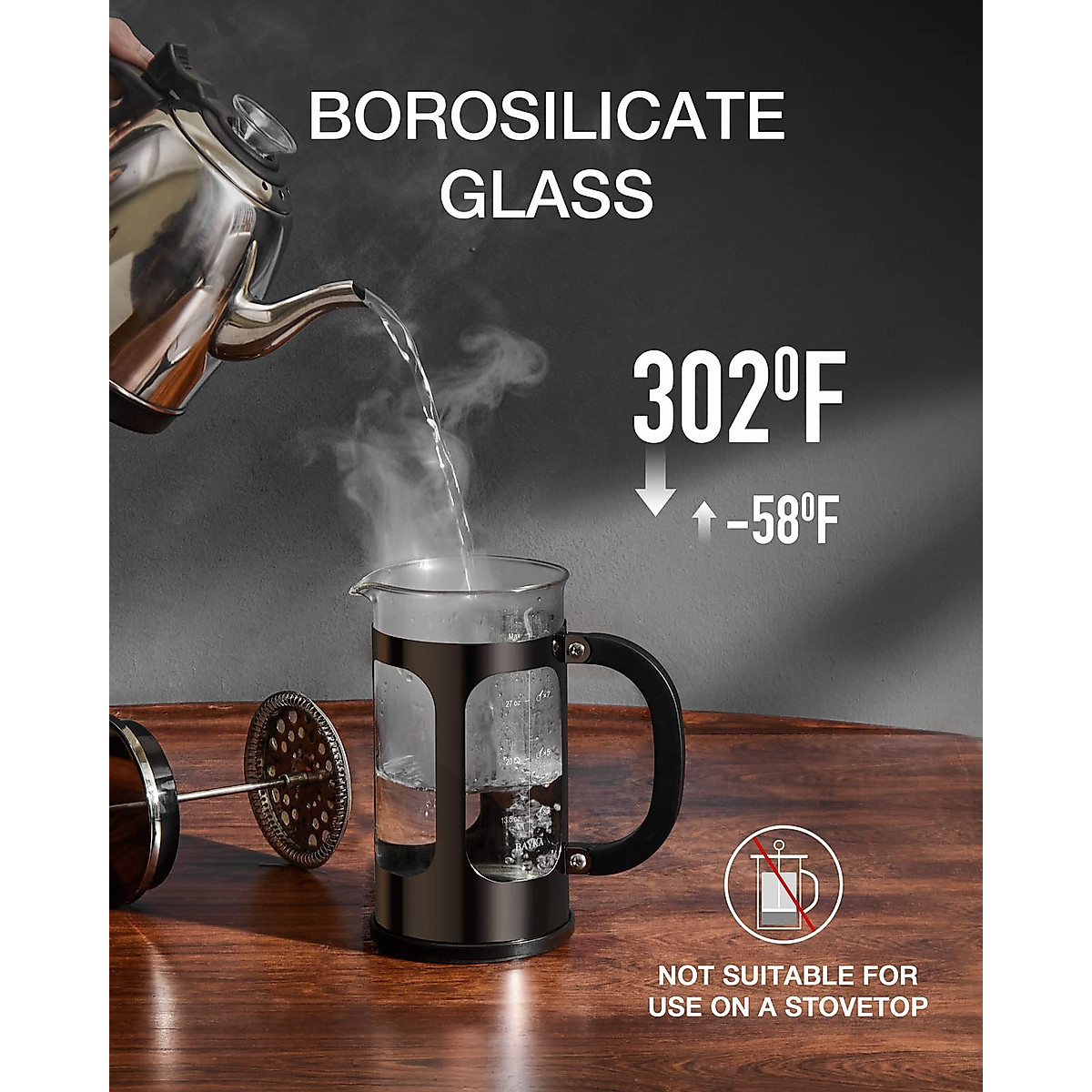 BAYKA 34 Ounce 1 Liter French Press Coffee Maker, Heat Resistant Thickened Borosilicate Glass Stainless Steel Coffee Press, Cold Brew Coffee Pot Tea Press for Kitchen Travel Camping, Dark Pewter