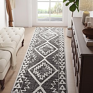 JINCHAN Boho Kitchen Runner Rug 3x12 Moroccan Trellis Hallway Runner Rug Washable Tribal Runner Non Slip Soft Geometric Thin Farmhouse Rug for Bedroom Bathroom Laundry Room Living Room Heathered Black