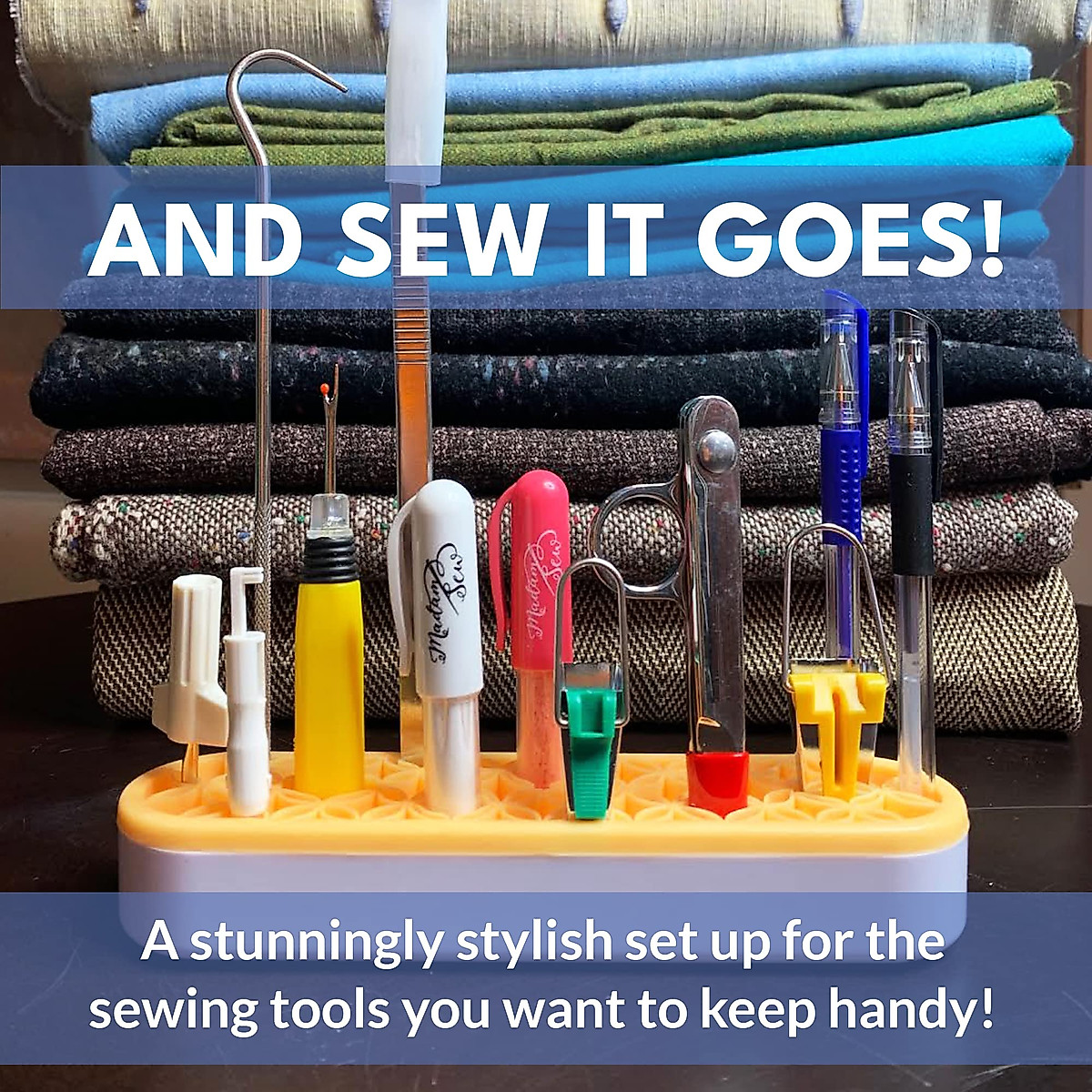 Madam Sew Upright Sewing Tools Caddy Desktop Organizer for Craft and Quilting Supplies Holds Scissors, Seam Rippers and Markers – Tabletop Sewing Accessories Storage Organizer (Yellow)