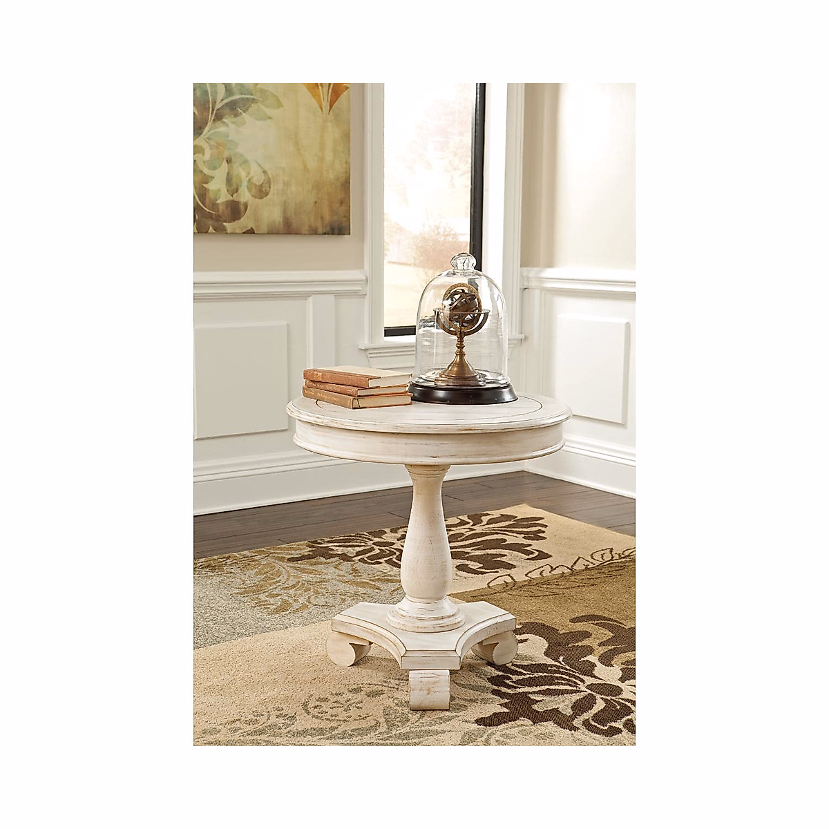 Signature Design by Ashley Mirimyn Cottage Vintage Hand-Finished Round Accent Table, Distressed White Finish