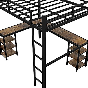 BOVZA Full Metal Loft Bed with Desk and Shelves, Multifunctional Loft Bed with Ladder and Safety Guardrails, Bed Frame for Bedroom, Space Saving, Black