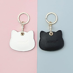 XEEWEN 2 Pack Cute Cat Airtag Leather Keychain Holder, Kawaii Black White Kitty Key Ring Hidden Case Cover for Apple Airtag