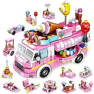 Vatos Girls Building Blocks Toys - 553 Pieces Ice Cream Truck Set Toys for Girls 25 Models Pink Building Bricks Toys STEM Toys Valentines Day Gifts for Kids Girls Age 6-12 and Up