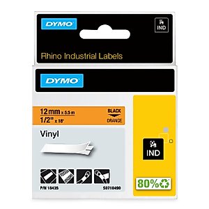 DYMO Industrial Labels for DYMO Industrial Rhino Label Makers, Black on Orange, 1/2", 1 Roll (18435)