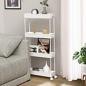 SPACELEAD Slim Storage Cart 4 Tier,Bathroom Organizer Rolling Utility, Mobile Shelving Unit Slide Out for Office, Kitchen, Laundry Room & Narrow Places,White