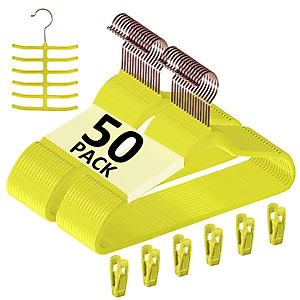 VECELO Premium Velvet Clothes Hangers Suit Heavy Duty (50 Pack)-Non Slip & Space-Saving with 6 Finger Clips & Tie Rack Excellent for Men and Women,Yellow