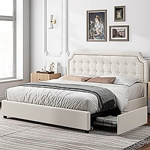 Keyluv Upholstered Queen Bed Frame with 4 Storage Drawers, Velvet Platform Bed with Curved Button Tufted Headboard with Nailhead Trim, Solid Wooden Slats Support, No Box Spring Needed, Beige