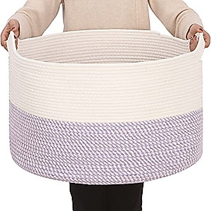 Sea Team XXXL Cotton Rope Basket, Large Woven Nursery Storage Bin, Laundry Hamper, Jumbo Blanket Basket for Rugs, Cushions, Pillows, Toys Organizer, 22 x 14 Inches, White & Mottled Lavender