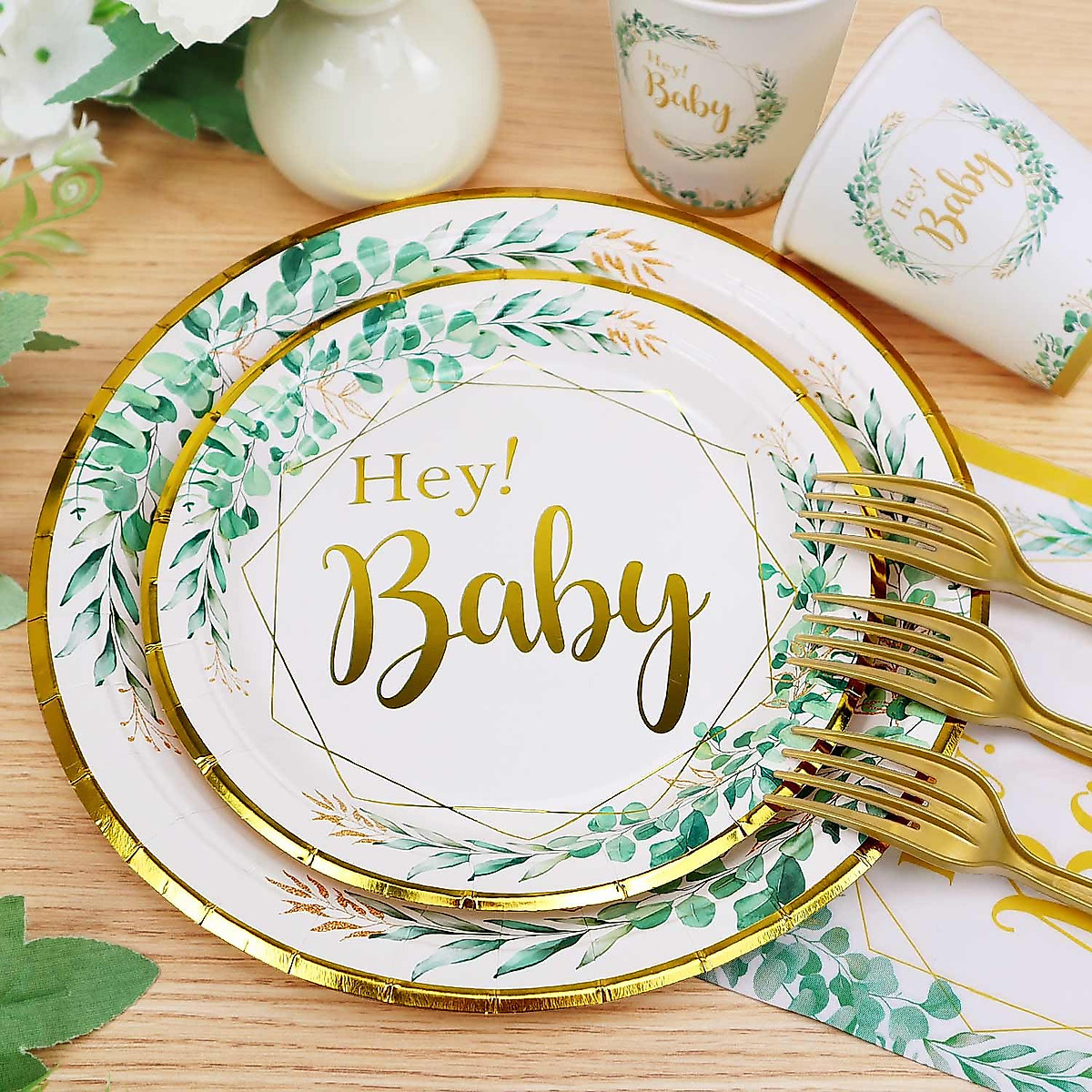 Heboland Sage Green Baby Shower Decorations Neutral Plates Set for 25 Guests, 125 Pieces of Paper Plates Cups Napkins Forks for Baby Shower Theme Party Supplies